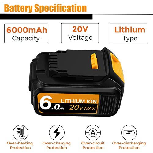 FEOTDN 2Pack 6.0Ah 20 Volt Lithium Replacement Battery for Dewalt 20V Battery DCB206 DCB200 DCB204 DCB203 DCB207 DCB207, with LED Indicator