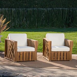 Christopher Knight Home Cadence Outdoor Acacia Wood Club Chairs with Water Resistant Cushions, 2-Pcs Set, Natural Stained / Cream Cushions