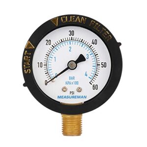 measureman 2″ start and clean filter pressure gauge, swimming pool filter pressure gauge, spa, aquarium, water pressure gauge, 1/4″ npt lower mount 0-60psi/bar