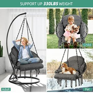 PUREKEA Hammock Chair, Macrame Hanging Swing Chair with Large Padded Cushion and Hardware Kits, Max 330 Lbs, Hanging Cotton Rope Chair for Indoor, Outdoor, Bedroom, Patio, Porch, Garden (Grey)