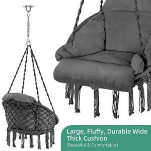 PUREKEA Hammock Chair, Macrame Hanging Swing Chair with Large Padded Cushion and Hardware Kits, Max 330 Lbs, Hanging Cotton Rope Chair for Indoor, Outdoor, Bedroom, Patio, Porch, Garden (Grey)