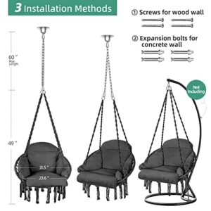 PUREKEA Hammock Chair, Macrame Hanging Swing Chair with Large Padded Cushion and Hardware Kits, Max 330 Lbs, Hanging Cotton Rope Chair for Indoor, Outdoor, Bedroom, Patio, Porch, Garden (Grey)