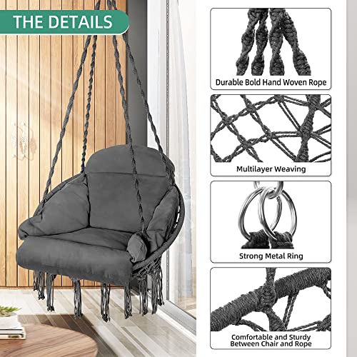 PUREKEA Hammock Chair, Macrame Hanging Swing Chair with Large Padded Cushion and Hardware Kits, Max 330 Lbs, Hanging Cotton Rope Chair for Indoor, Outdoor, Bedroom, Patio, Porch, Garden (Grey)