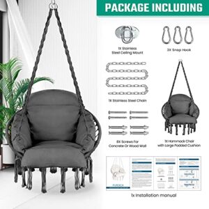 PUREKEA Hammock Chair, Macrame Hanging Swing Chair with Large Padded Cushion and Hardware Kits, Max 330 Lbs, Hanging Cotton Rope Chair for Indoor, Outdoor, Bedroom, Patio, Porch, Garden (Grey)