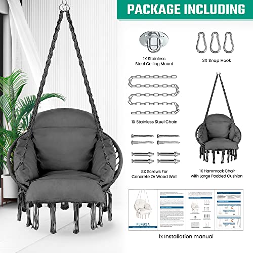 PUREKEA Hammock Chair, Macrame Hanging Swing Chair with Large Padded Cushion and Hardware Kits, Max 330 Lbs, Hanging Cotton Rope Chair for Indoor, Outdoor, Bedroom, Patio, Porch, Garden (Grey)