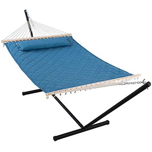 ANOW Double Hammock with 12 Feet Heavy Duty Steel Stand Combo, 2 Person Quilted Hammock with Stand for Outdoors Indoors, 450 LBS Weight Capacity, Blue