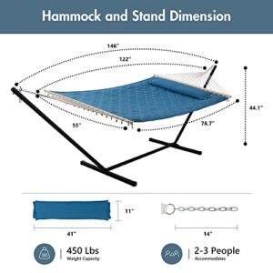 ANOW Double Hammock with 12 Feet Heavy Duty Steel Stand Combo, 2 Person Quilted Hammock with Stand for Outdoors Indoors, 450 LBS Weight Capacity, Blue