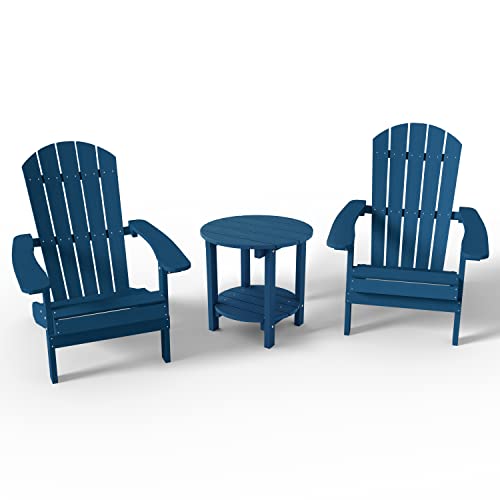 YEFU Adirondack Chair Set of 2 with Outdoor Side Table Double Layer 3-Piece for Lawn, Deck, Garden, Porch, Balcony(Navy Blue, 2 Chairs and 1 Table)