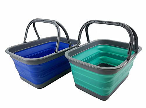 SAMMART 12L (3.17Gallon) Collapsible Tub with Handle - Portable Outdoor Picnic Basket/Crater - Foldable Shopping Bag - Space Saving Storage Container (Purplish Blue +Turquoise Blue)