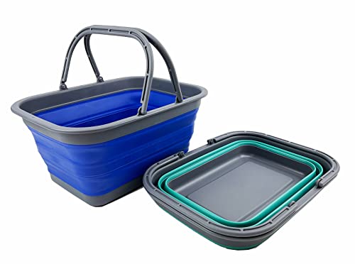 SAMMART 12L (3.17Gallon) Collapsible Tub with Handle - Portable Outdoor Picnic Basket/Crater - Foldable Shopping Bag - Space Saving Storage Container (Purplish Blue +Turquoise Blue)