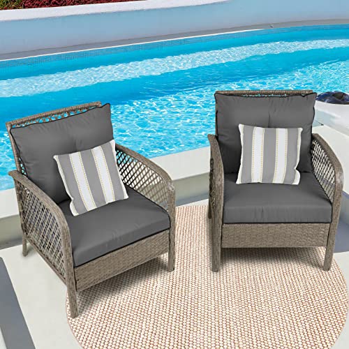 FYRICKYLINOO Patio Furniture Wicker Armchair 2 Pieces Outdoor Chairs Set with 2 PCS Pillows, All-Weather PE Rattan Single Chair for Garden Backyard Balcony,Grey Cushions