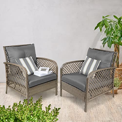 FYRICKYLINOO Patio Furniture Wicker Armchair 2 Pieces Outdoor Chairs Set with 2 PCS Pillows, All-Weather PE Rattan Single Chair for Garden Backyard Balcony,Grey Cushions