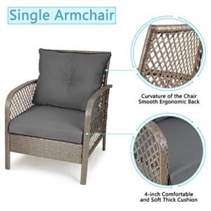 FYRICKYLINOO Patio Furniture Wicker Armchair 2 Pieces Outdoor Chairs Set with 2 PCS Pillows, All-Weather PE Rattan Single Chair for Garden Backyard Balcony,Grey Cushions