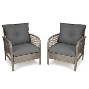 FYRICKYLINOO Patio Furniture Wicker Armchair 2 Pieces Outdoor Chairs Set with 2 PCS Pillows, All-Weather PE Rattan Single Chair for Garden Backyard Balcony,Grey Cushions