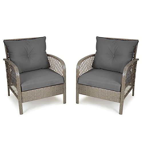 FYRICKYLINOO Patio Furniture Wicker Armchair 2 Pieces Outdoor Chairs Set with 2 PCS Pillows, All-Weather PE Rattan Single Chair for Garden Backyard Balcony,Grey Cushions