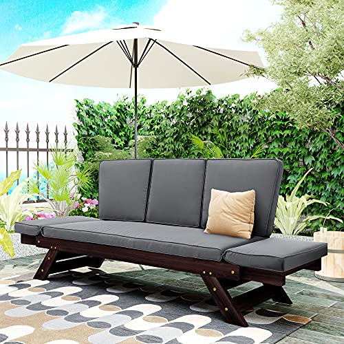 Quarte Outdoor Adjustable Patio Couch Sofa Bed, Acacia Wood Daybed Sofa Chaise Lounge with Cushions, Futon Sofa Furniture for Patio, Balcony, Poolside, Backyard (Gray-Acacia*)