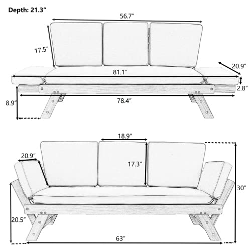 Quarte Outdoor Adjustable Patio Couch Sofa Bed, Acacia Wood Daybed Sofa Chaise Lounge with Cushions, Futon Sofa Furniture for Patio, Balcony, Poolside, Backyard (Gray-Acacia*)