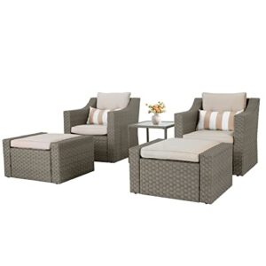 solaura 5 piece patio conversation set outdoor furniture set, grey wicker lounge chair with ottoman footrest, w/coffee table & cushions (beige) for garden, patio, balcony, deck