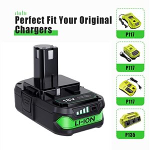 TURPOW Upgraded 3.8Ah Replacement Ryobi 18V Lithium Battery P107, Compatible with Ryobi 18 Volt ONE+ Plus P102 P103 P104 P105 P108 P109 P122 Cordless Power Tools for Ryobi 18V Battery 2Packs