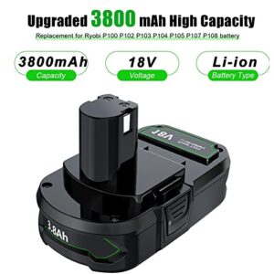 TURPOW Upgraded 3.8Ah Replacement Ryobi 18V Lithium Battery P107, Compatible with Ryobi 18 Volt ONE+ Plus P102 P103 P104 P105 P108 P109 P122 Cordless Power Tools for Ryobi 18V Battery 2Packs