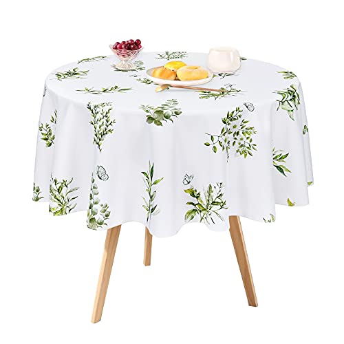 ASPMIZ Green Leaves Tablecloth, Tropical Leaf Plant and Butterfly Table Cloth, Spring Summer Waterproof Wrinkle Free Tablecover for Kitchen, Dining Room, Outdoor, Picnic, Party, Round 60 inch