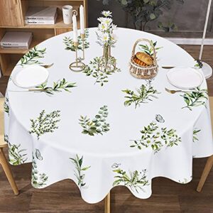 ASPMIZ Green Leaves Tablecloth, Tropical Leaf Plant and Butterfly Table Cloth, Spring Summer Waterproof Wrinkle Free Tablecover for Kitchen, Dining Room, Outdoor, Picnic, Party, Round 60 inch