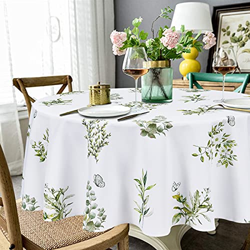 ASPMIZ Green Leaves Tablecloth, Tropical Leaf Plant and Butterfly Table Cloth, Spring Summer Waterproof Wrinkle Free Tablecover for Kitchen, Dining Room, Outdoor, Picnic, Party, Round 60 inch