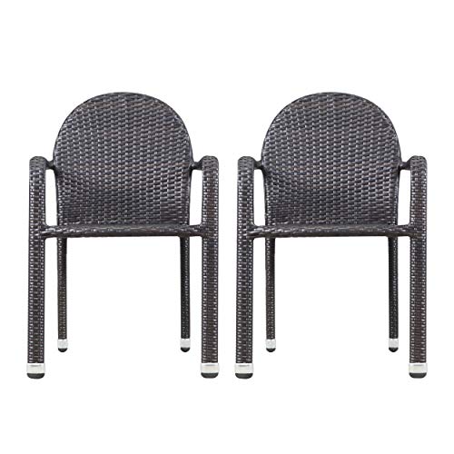 Christopher Knight Home Aurora Outdoor Wicker Armed Stacking Chairs with Aluminum Frame, 2-Pcs Set, Multibrown