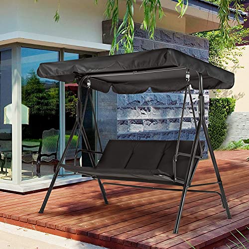 Patio Swing Chair, Outdoor Swing Pools Patio Swings with Canopy Hammock Bench Steel 3-Person Seat with Canopy Leisure Swing Chairs Suitable for Picnic Camping Garden Party Use（Black）