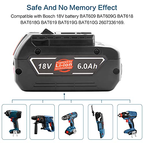 TREE.NB 2 Packs BAT609 6000mAh 18V Lithium Battery Replacement for Bosch 18V Cordless Power Tools BAT609 BAT609G BAT610G BAT611 BAT612 BAT618 BAT618G BAT619 BAT619G CCS180B 2607336169 17618 17618-01