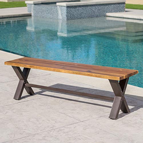 Christopher Knight Home Sanibel Outdoor Acacia Wood Dining Bench, Teak Finish / Rustic Metal