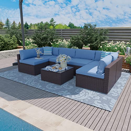 SUNBURY Outdoor Sectional 7-Piece Espresso Brown Wicker Sofa Patio Furniture Set w 2 Stripe Pillows, Denim Blue Cushions, Tempered Glass Table, Weatherproof Cover for Backyard