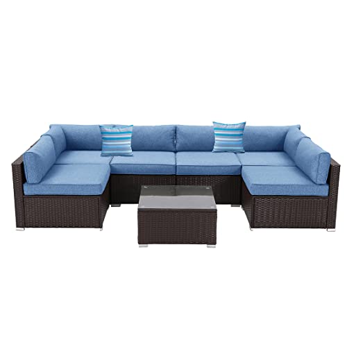 SUNBURY Outdoor Sectional 7-Piece Espresso Brown Wicker Sofa Patio Furniture Set w 2 Stripe Pillows, Denim Blue Cushions, Tempered Glass Table, Weatherproof Cover for Backyard