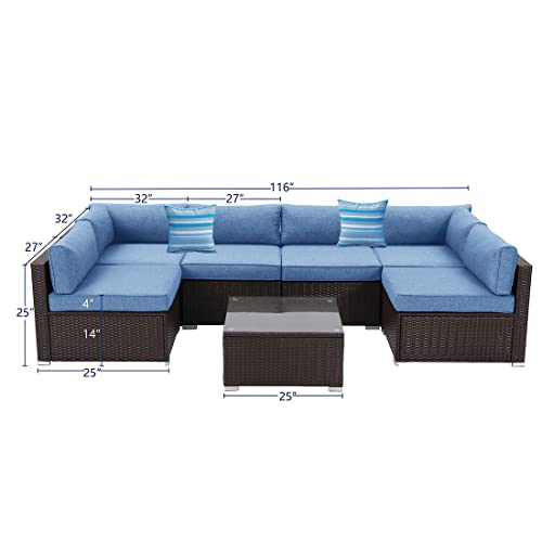 SUNBURY Outdoor Sectional 7-Piece Espresso Brown Wicker Sofa Patio Furniture Set w 2 Stripe Pillows, Denim Blue Cushions, Tempered Glass Table, Weatherproof Cover for Backyard