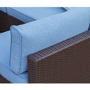 SUNBURY Outdoor Sectional 7-Piece Espresso Brown Wicker Sofa Patio Furniture Set w 2 Stripe Pillows, Denim Blue Cushions, Tempered Glass Table, Weatherproof Cover for Backyard