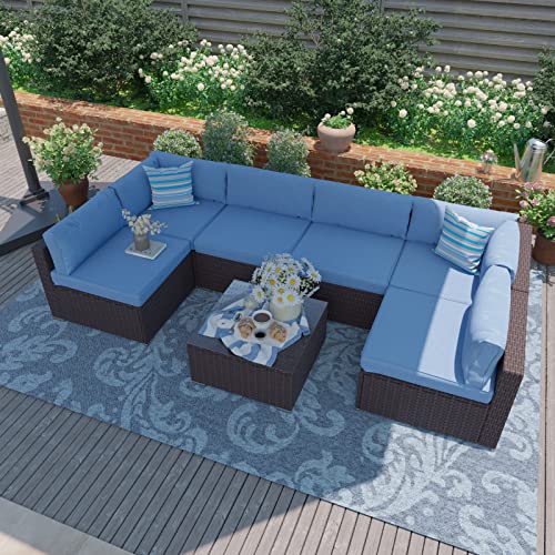 SUNBURY Outdoor Sectional 7-Piece Espresso Brown Wicker Sofa Patio Furniture Set w 2 Stripe Pillows, Denim Blue Cushions, Tempered Glass Table, Weatherproof Cover for Backyard