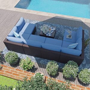 SUNBURY Outdoor Sectional 7-Piece Espresso Brown Wicker Sofa Patio Furniture Set w 2 Stripe Pillows, Denim Blue Cushions, Tempered Glass Table, Weatherproof Cover for Backyard