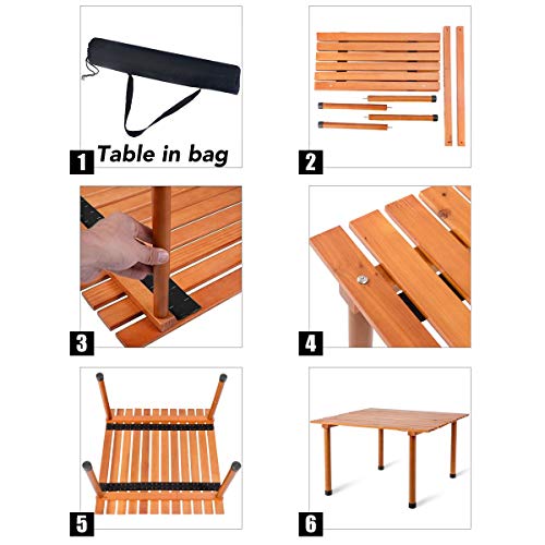 COSTWAY Wood Picnic Folding Roll Up Outdoor Camping Beach Dining Use Low Portable Table with Carrying Bag