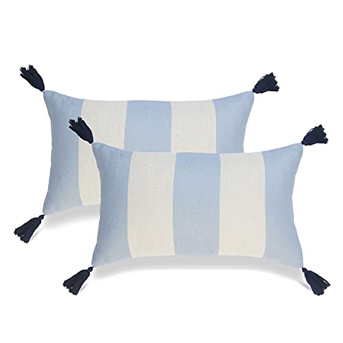 Hofdeco Beach Coastal Indoor Outdoor Pillow Cover ONLY, Water Resistant for Patio Lounge Sofa, Sky Blue Stripes Tassels, 12"x20", Set of 2