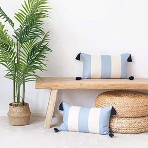 Hofdeco Beach Coastal Indoor Outdoor Pillow Cover ONLY, Water Resistant for Patio Lounge Sofa, Sky Blue Stripes Tassels, 12"x20", Set of 2