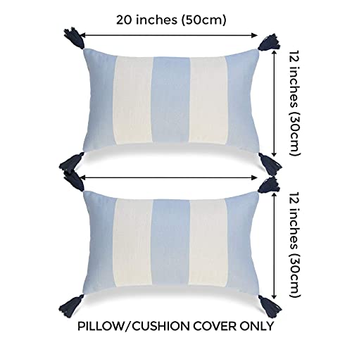 Hofdeco Beach Coastal Indoor Outdoor Pillow Cover ONLY, Water Resistant for Patio Lounge Sofa, Sky Blue Stripes Tassels, 12"x20", Set of 2