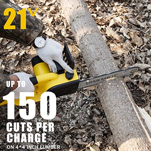 NCOEN Brushless 21V 12'' Handheld Lightweight Chainsaw Kit with Tool-free Chain Tension & Auto Lubrication, Includes 4.0Ah Battery and Charger