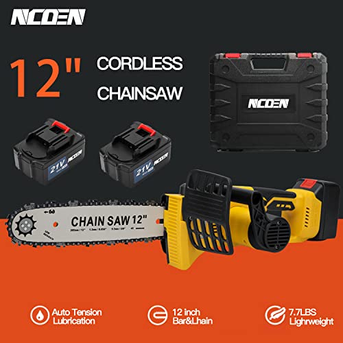 NCOEN Brushless 21V 12'' Handheld Lightweight Chainsaw Kit with Tool-free Chain Tension & Auto Lubrication, Includes 4.0Ah Battery and Charger