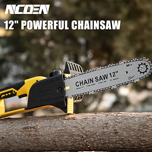 NCOEN Brushless 21V 12'' Handheld Lightweight Chainsaw Kit with Tool-free Chain Tension & Auto Lubrication, Includes 4.0Ah Battery and Charger