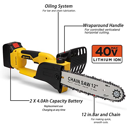 NCOEN Brushless 21V 12'' Handheld Lightweight Chainsaw Kit with Tool-free Chain Tension & Auto Lubrication, Includes 4.0Ah Battery and Charger