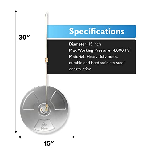 EDOU DIRECT Pressure Washer Surface Cleaner 15" | Stainless Steel | HEAVY DUTY | 4,000 PSI Max Working Pressure | Includes: 2 Pressure Washer Extension Wand Attachments