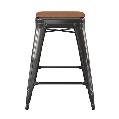 BizChair Commercial Grade 24" High Backless Black Metal Indoor-Outdoor Counter Height Stool with Teak Poly Resin Wood Seat