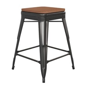 BizChair Commercial Grade 24" High Backless Black Metal Indoor-Outdoor Counter Height Stool with Teak Poly Resin Wood Seat