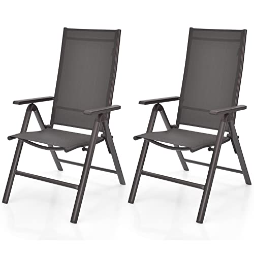 Tangkula Patio Dining Chairs, No Assembly Needs, Portable Folding Patio Chairs with 7-Position Adjustable Backrest and Aluminium Frame, Outdoor Foldable Chairs for Garden Pool Beach, Set of 2