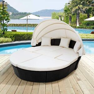 merax outdoor patio rattan round daybed sunbed with retractable canopy, sectional sofa set for backyard and porch black furniture clamshell seating containing washable cushions, beige(oval shape)